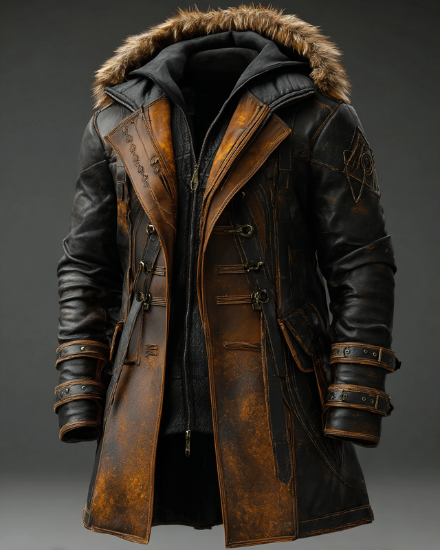 Men's Western Autumn and Winter Punk Contrast Leather Jacket8529