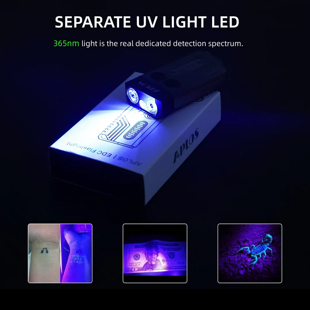 APLOS L02 1000 Lumens Rechargeable Mini EDC Flashlight, 365nm UV Light ...