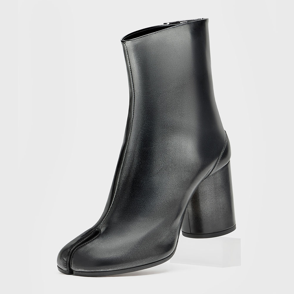 Black Polish Vegan Leather Hook Split Toe Heel Boots for Women