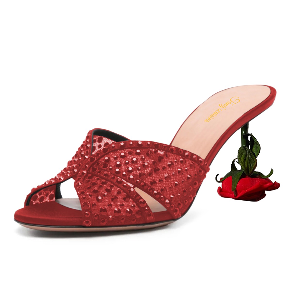 Red Rhinestone Mesh Open Toe Flower Sculptural Heel Mules Shoes