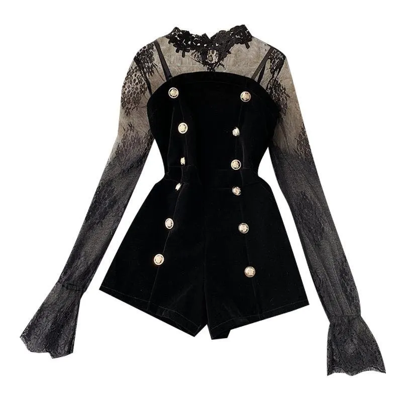 Lace Mesh Top and Velvet Shorts Set - GothBB 2022 free shipping available