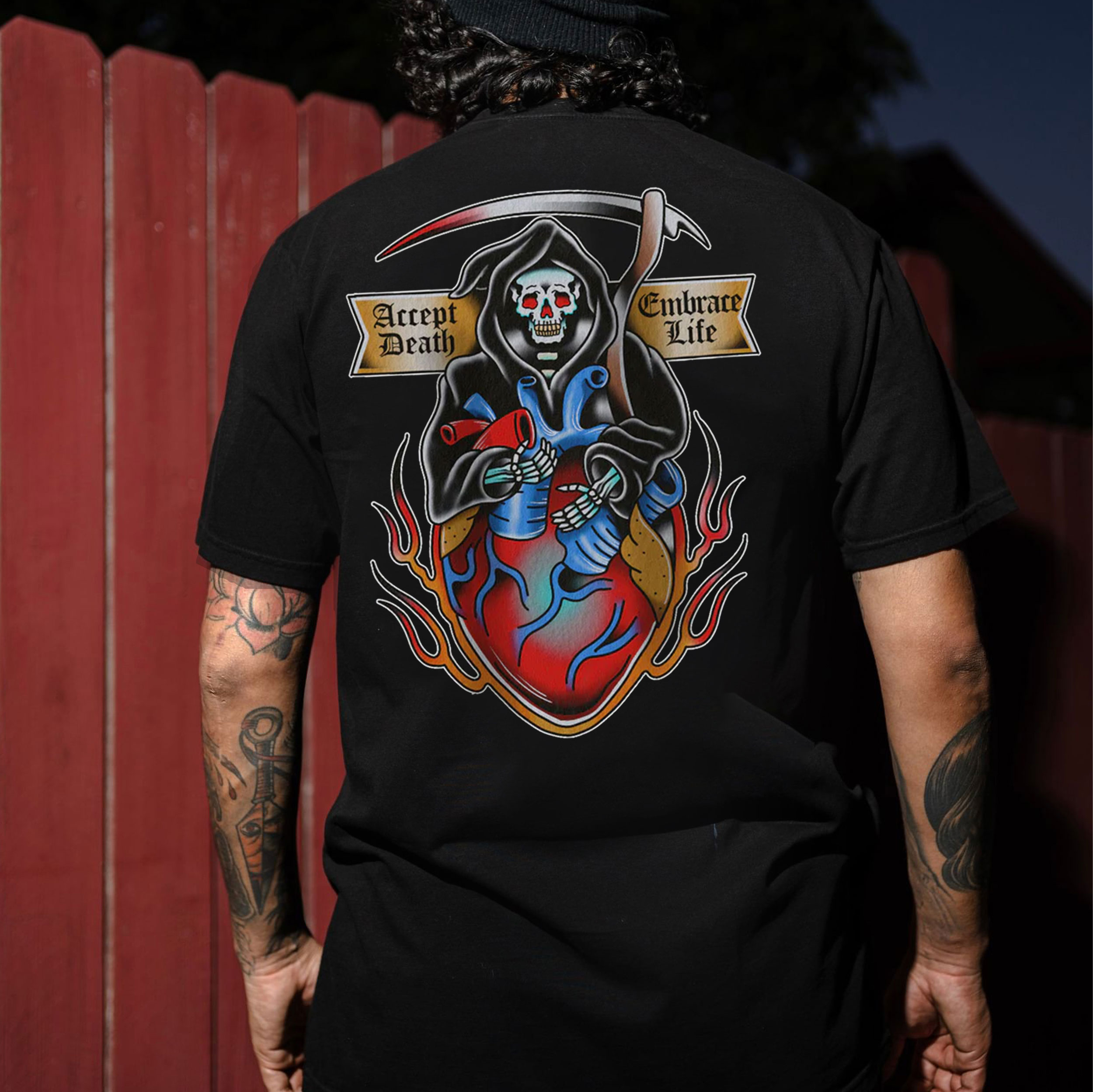 Accept Death Embrace Life Skull Black Print T-shirt