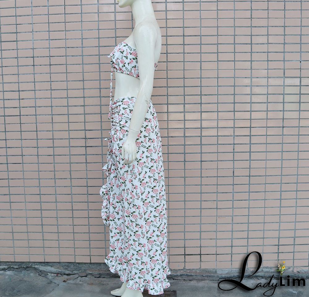 Printed Sexy Smocked Ruffled Two-piece Set - Ladylim