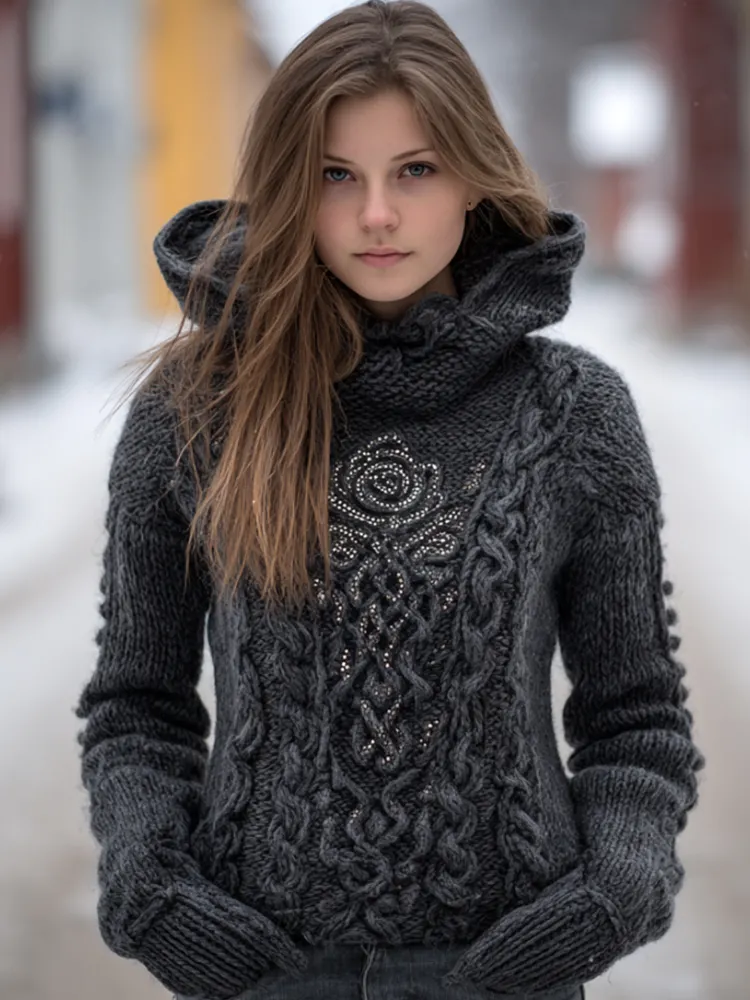Women's Viking Style Celtic Knot Rose Art Hooded Sweater