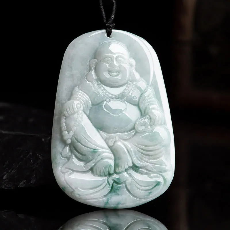 Natural Jade Laughing Buddha Maitreya Buddha Luck String Necklace Pendant