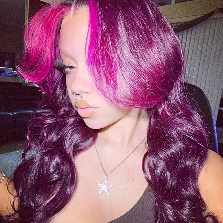 Side Part Highlight Pink Purple Body Wave Transparent Lace Front Wig