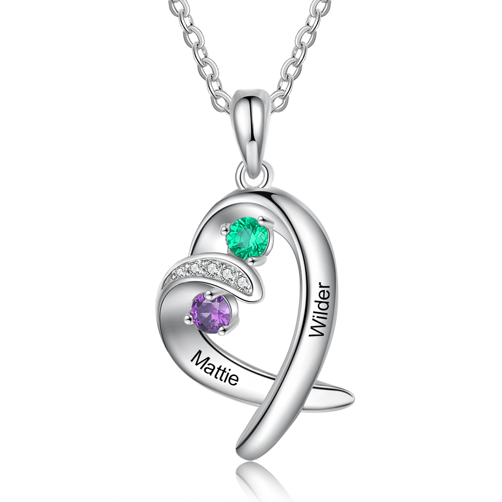 Personalized Heart Necklace With 2 Birthstones Engraved Names Gift For Her