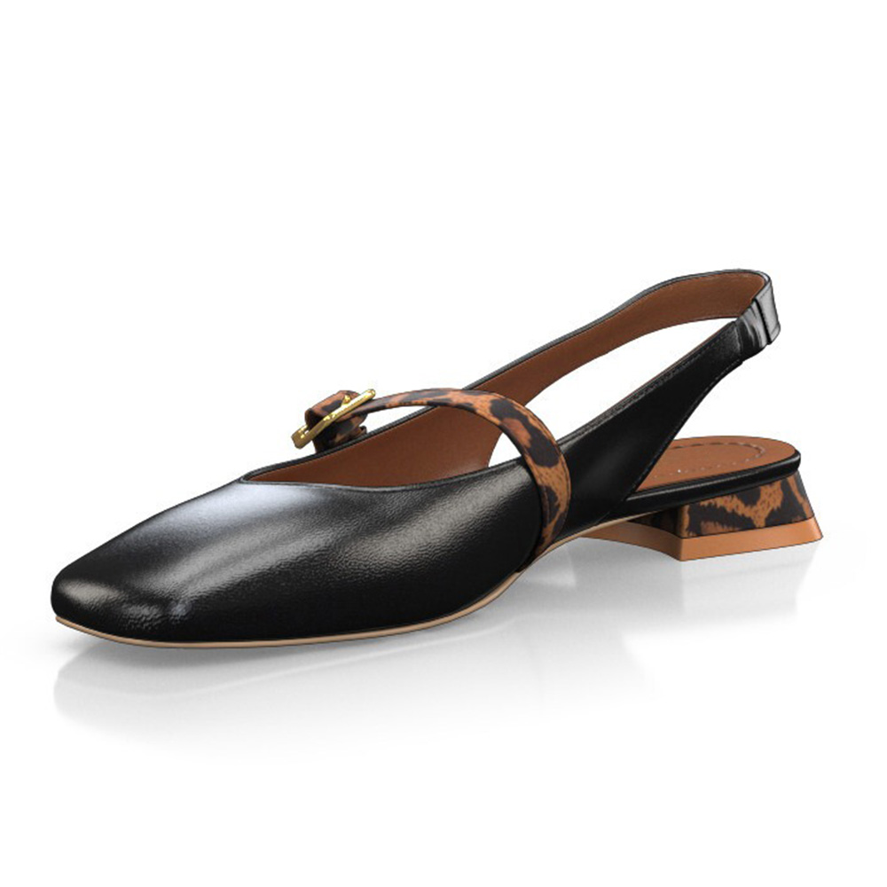 Black Square Toe Leopard Print Buckle Strap Flat Slingback Shoes