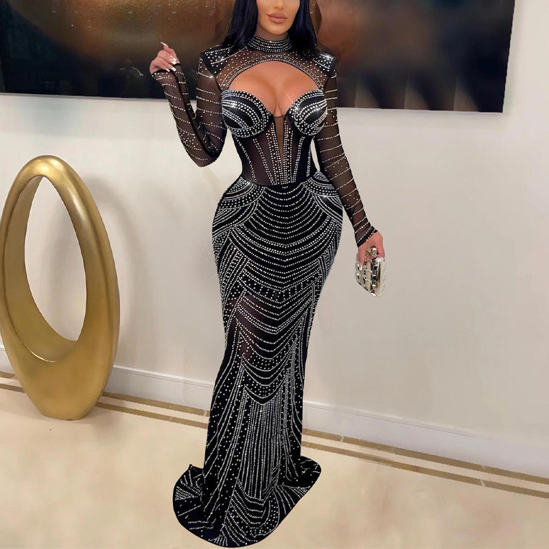 Rhinestone Long Sleeve Cut Out Sheer Mesh Maxi Dress