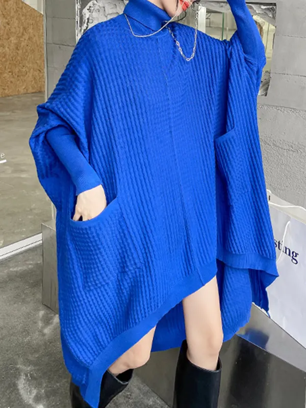 Elegant High-Neck Batwing Sleeve Sweater Dress with High-Low Hem and ...