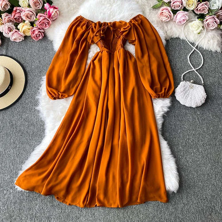 Chic Red Off Shoulder With Ruffles Long Puff Sleeve Midi Dress