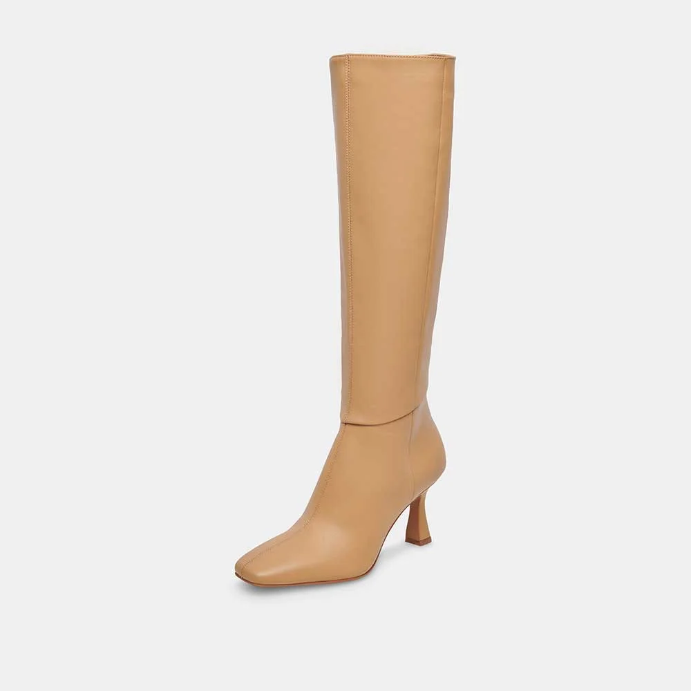 Tan Square Toe Knee High Side-Zip Boots with Kitten Heels