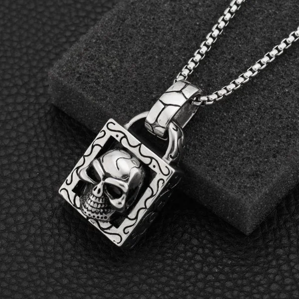 Sterling Silver Hip Hop Style Skull Lock Pendant Necklace