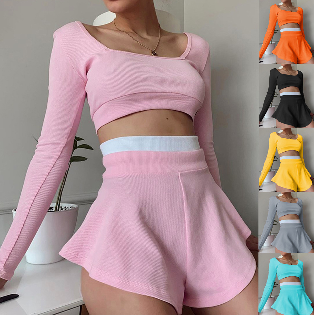 CANDY COLOR CASUAL CROP TOP AND SHORTS SET
