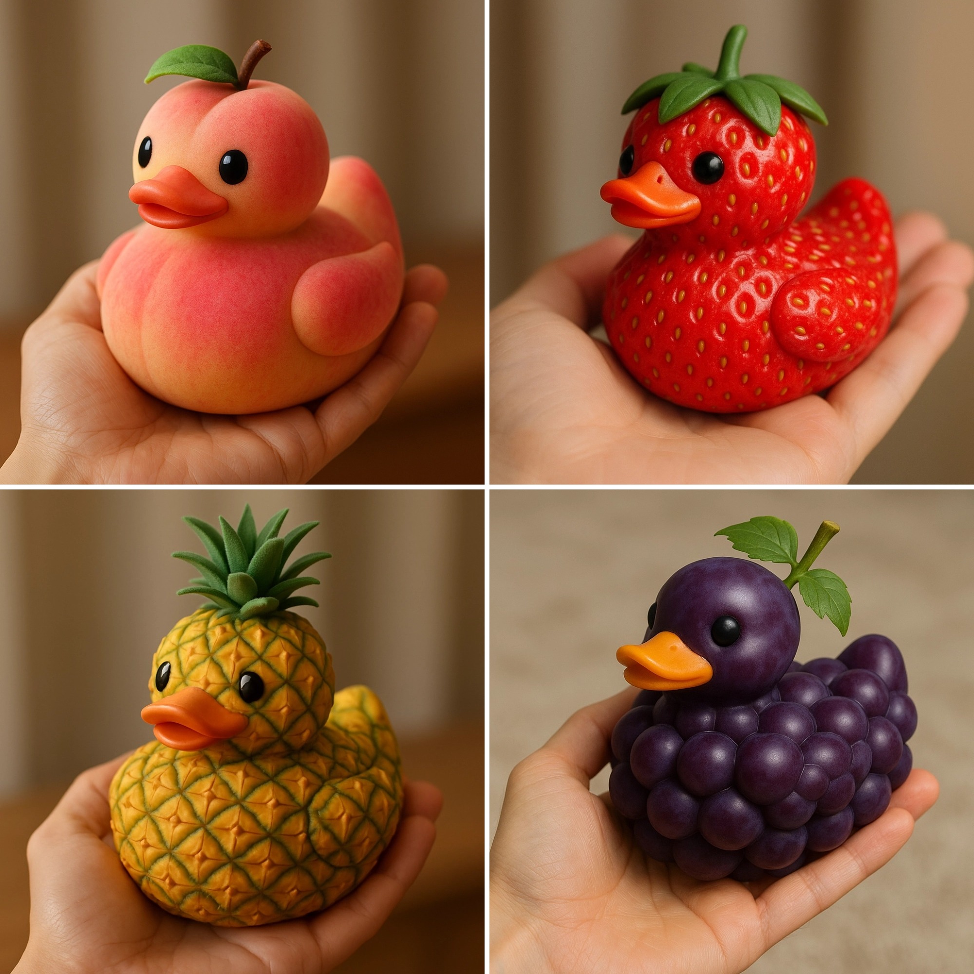 🍑🦆 Whimsical Fruit-Themed Duck Figurines