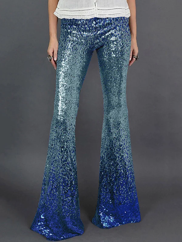 Chic Flared and Skinny Contrast Gradient Sequined Shiny Pants