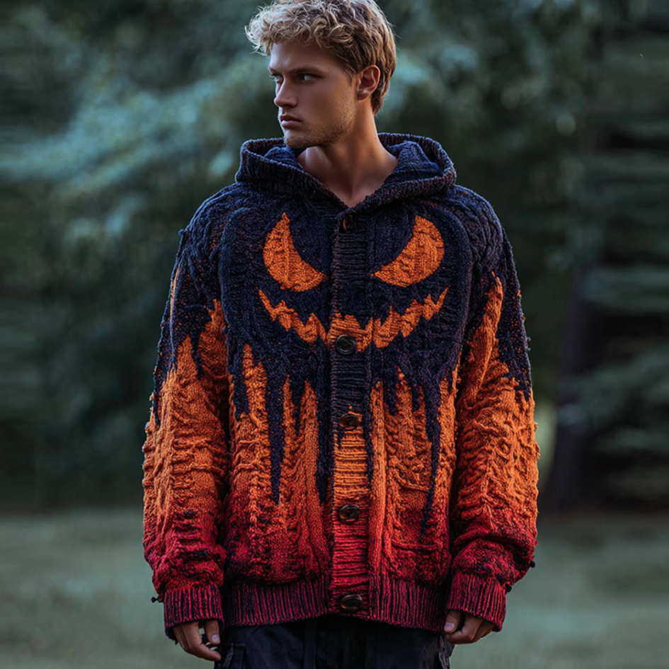 Halloween Pumpkin Element Gradient Color Men's Hooded Knit Sweater Jacket