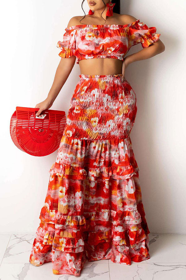 Natural Print Strap Shirred Pretty Midriff-Baring Dress Suit