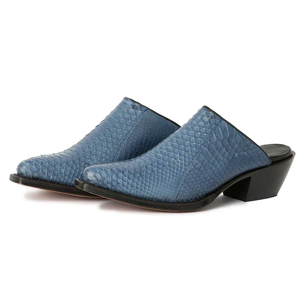 Blue Closed-Toe Snake Embossed Chunky Heel Western Mules for Women