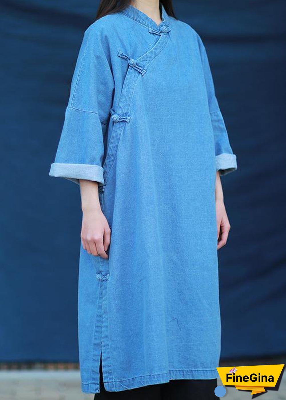 FineGina Loose stand collar Tunic Photography denim light blue Dress