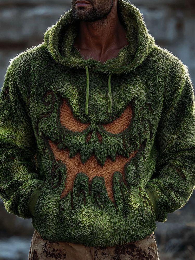 Men's Halloween Monster Face Frayed Cozy Plush Hoodie