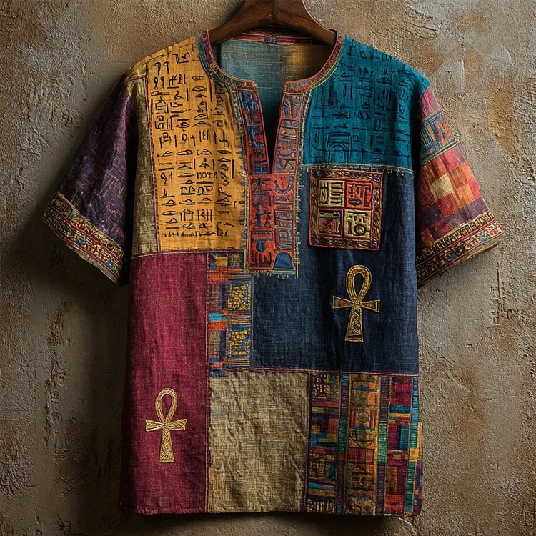Ankh Embroidered Ancient Egyptian Patchwork Linen Shirt
