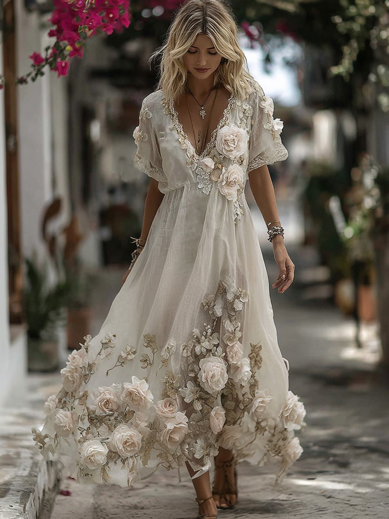 Women's Vintage Floral Embroidery Art Comfy Linen Maxi Dress