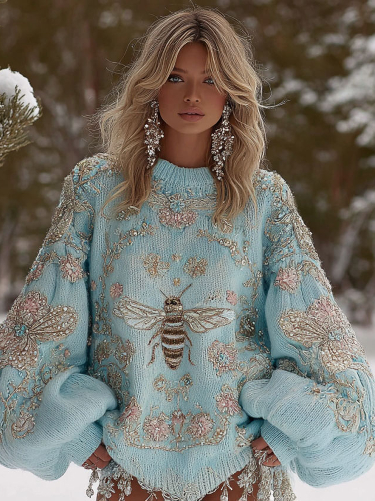 Women's Vintage Floral And Bee Embroidery Cozy Sweater