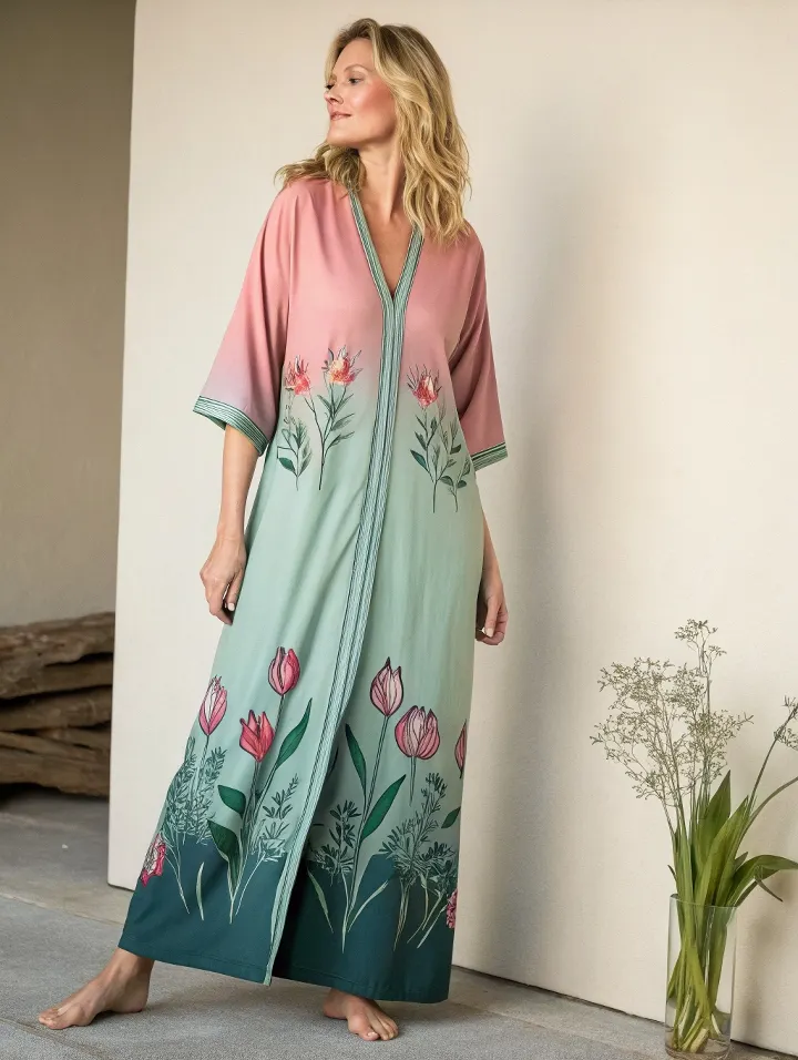 Green Gradient Pinted Zippered Cotton Robe