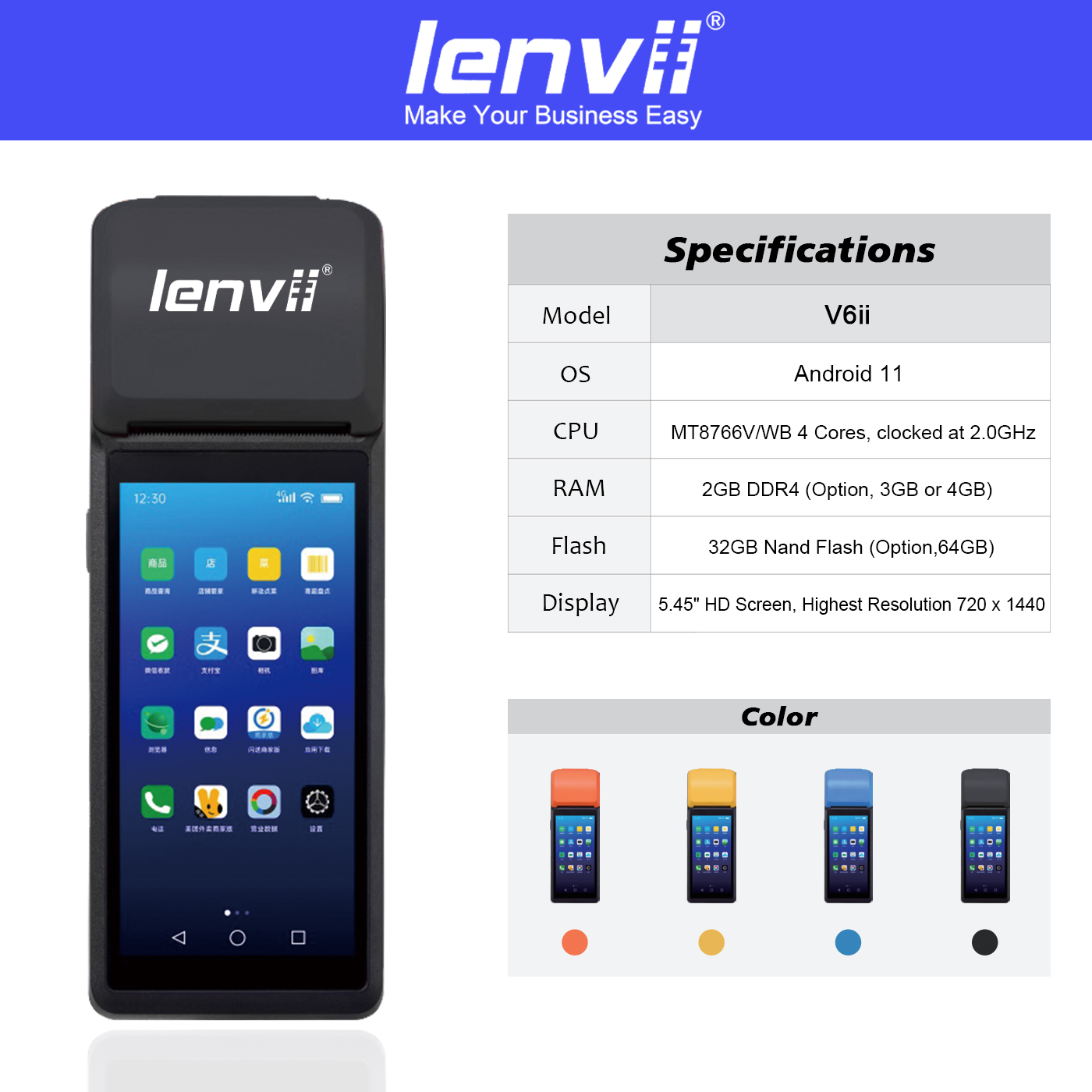LENVII V6ii Portable Retail Pos Terminal w/Receipt Printer
