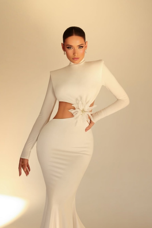 Daisda White High Neck Long Prom Dress Mermaid Long Sleeves with Flower