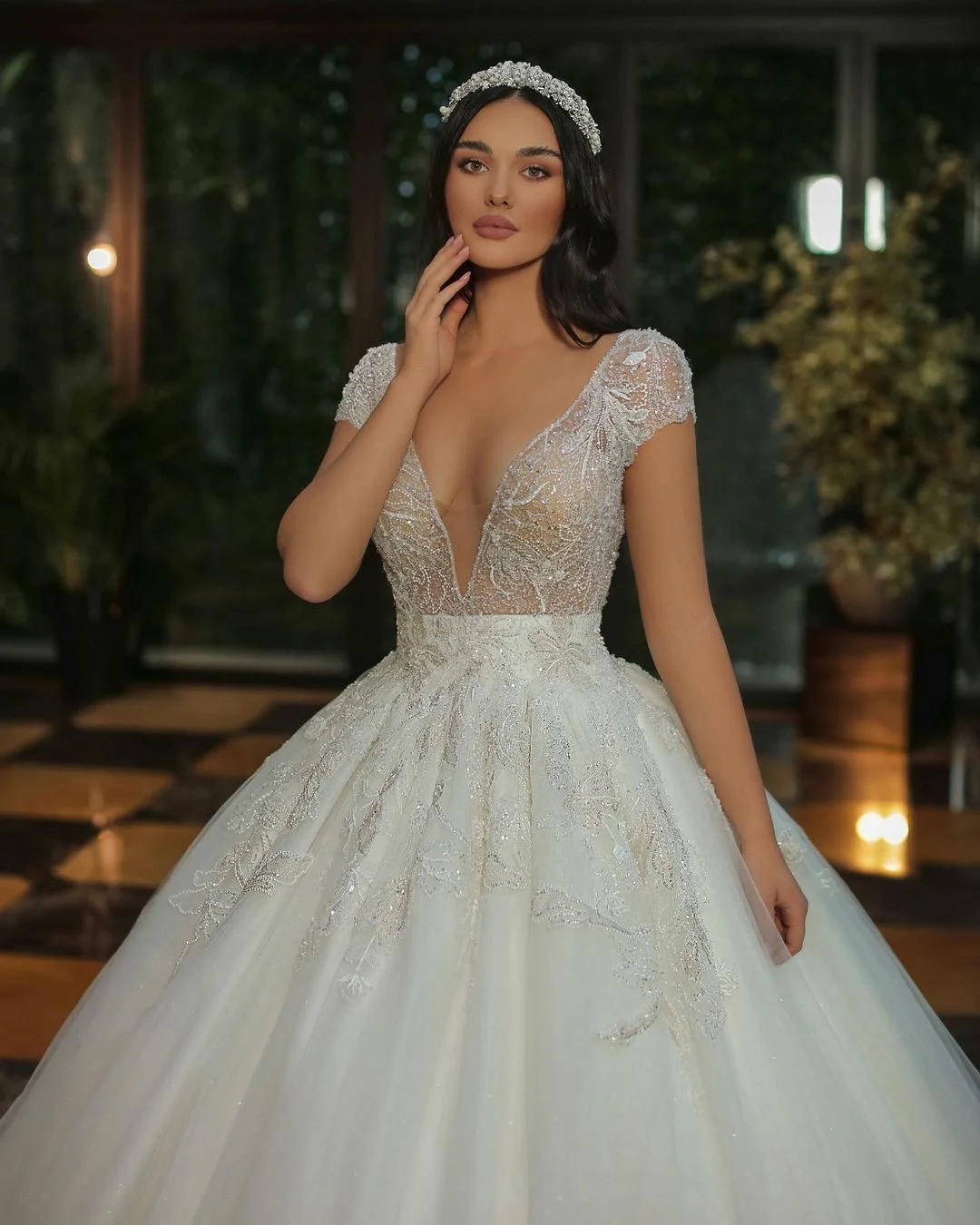 Long A-line V-neck Cap Sleeves Wedding Dress With Beads Tulle