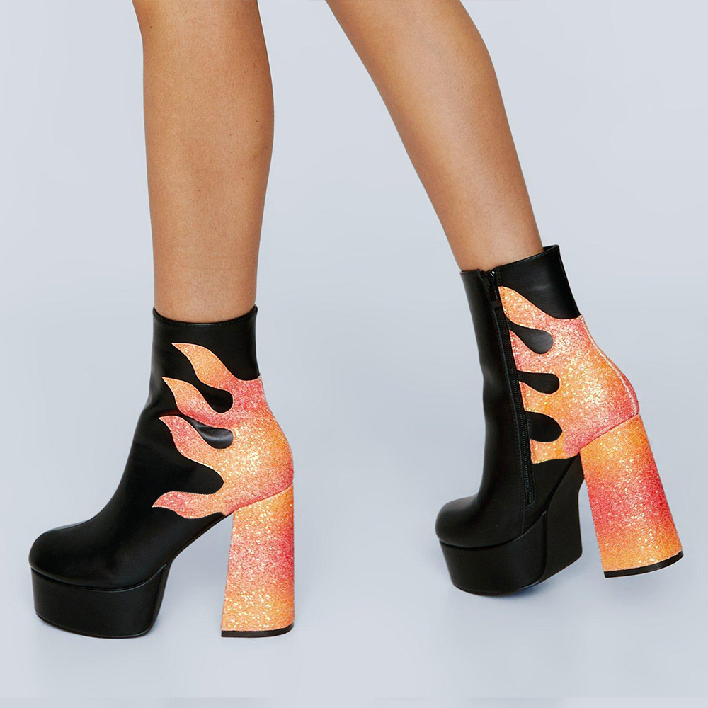 Black Round Toe Orange Glitter Splicing Platform Heeled Booties