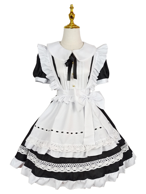 Cosplay Tiered Lace-up Peter Pan Collar Bubble Sleeve Bowknot Mini Maid ...