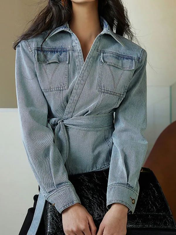 Classic neck tie up denim jacket