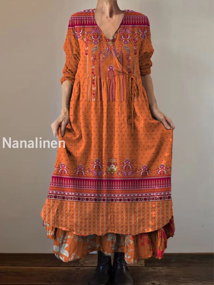 Retro Boho Floral Botany Print Vintage V-Neck Double Hemline Cotton ...