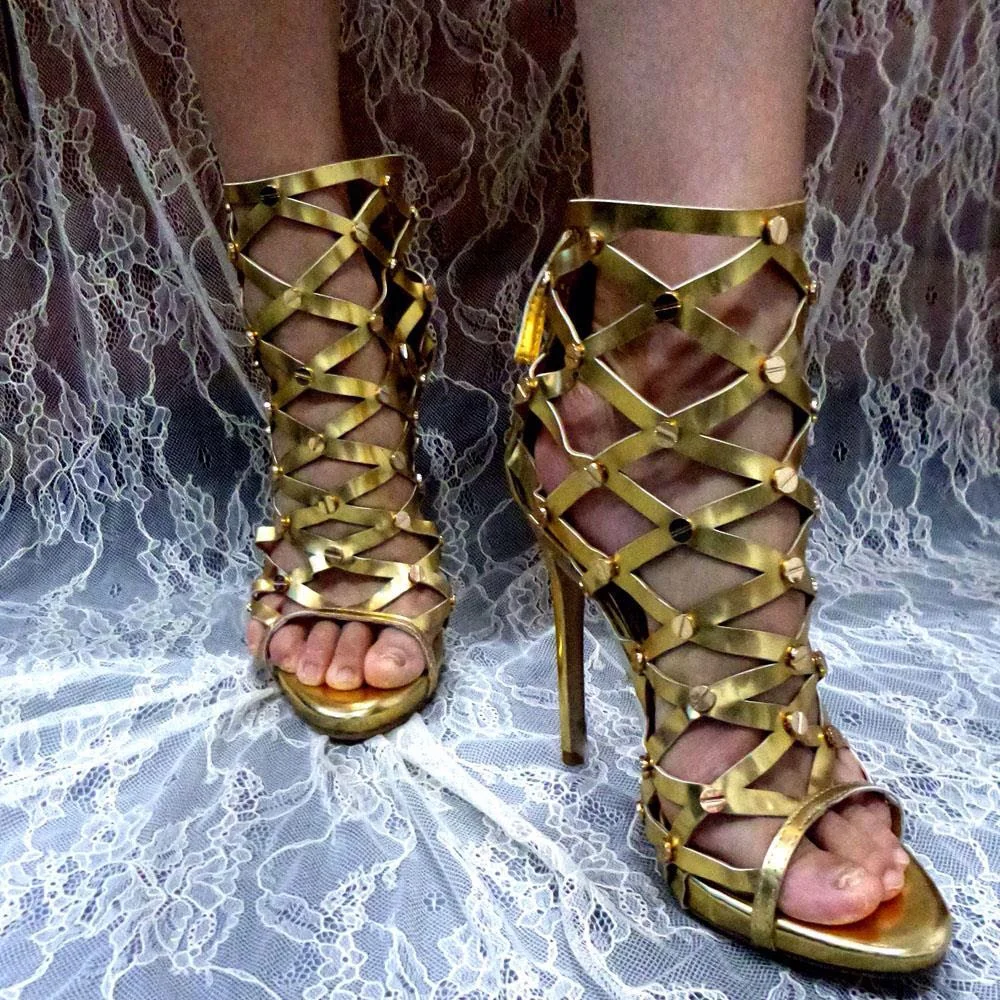 Gold Glitter Open Toe Stiletto Heel Gladiator Sandals
