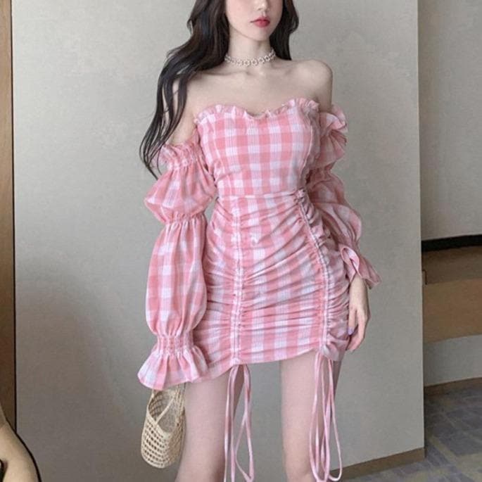 Pink Grid Off-Shoulder Draw String Dress SP15067