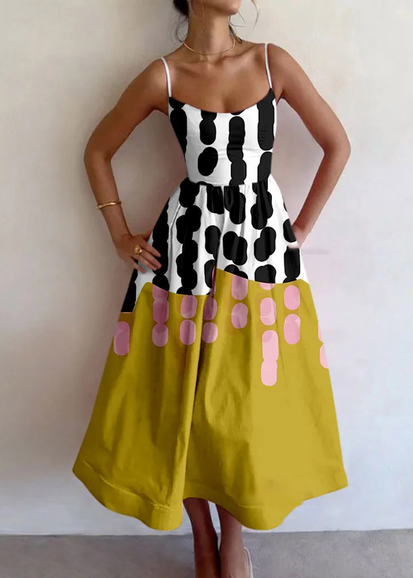 Geometric color block print midi dress
