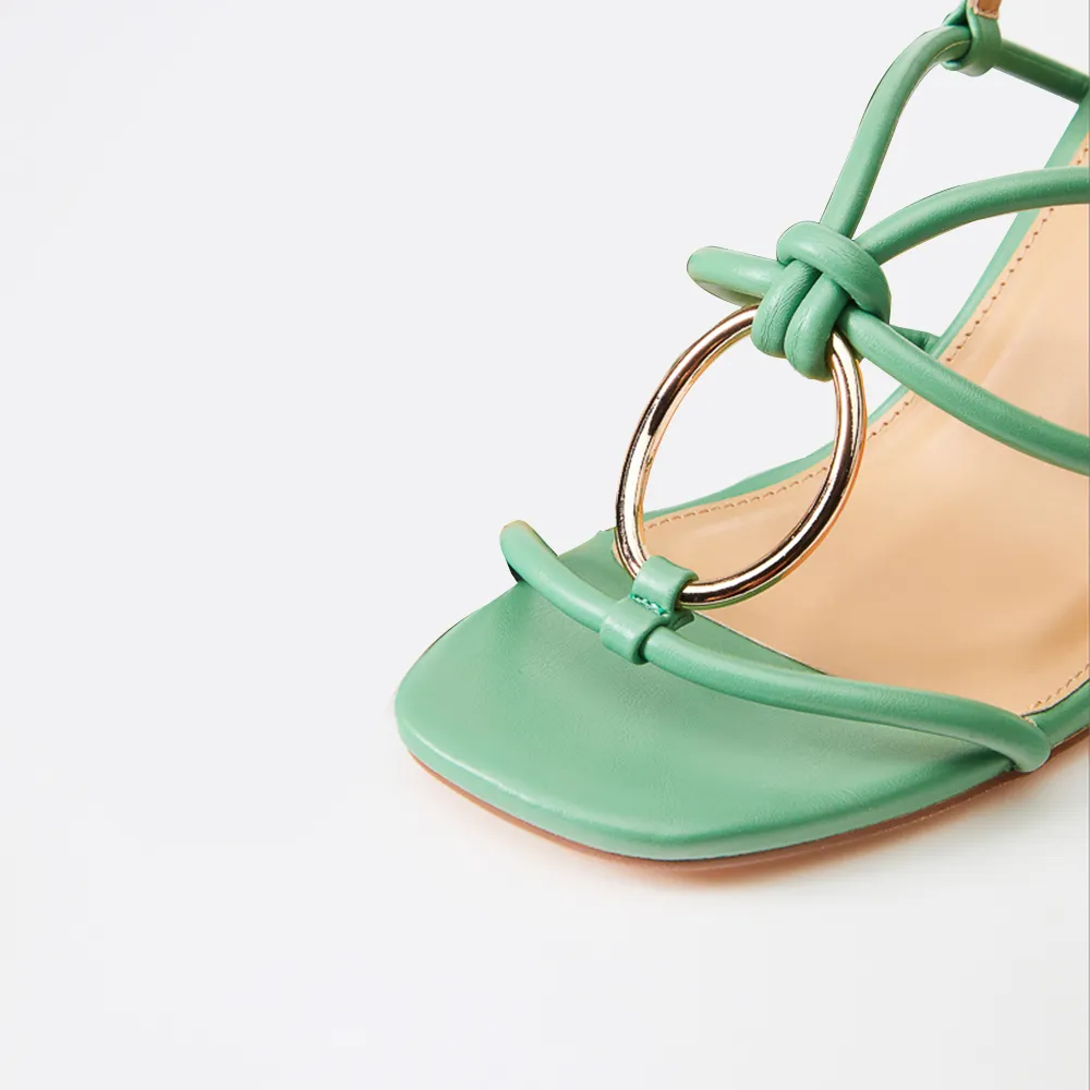 Green Leather Opened Toe Strappy Sandals With Decorative Heels