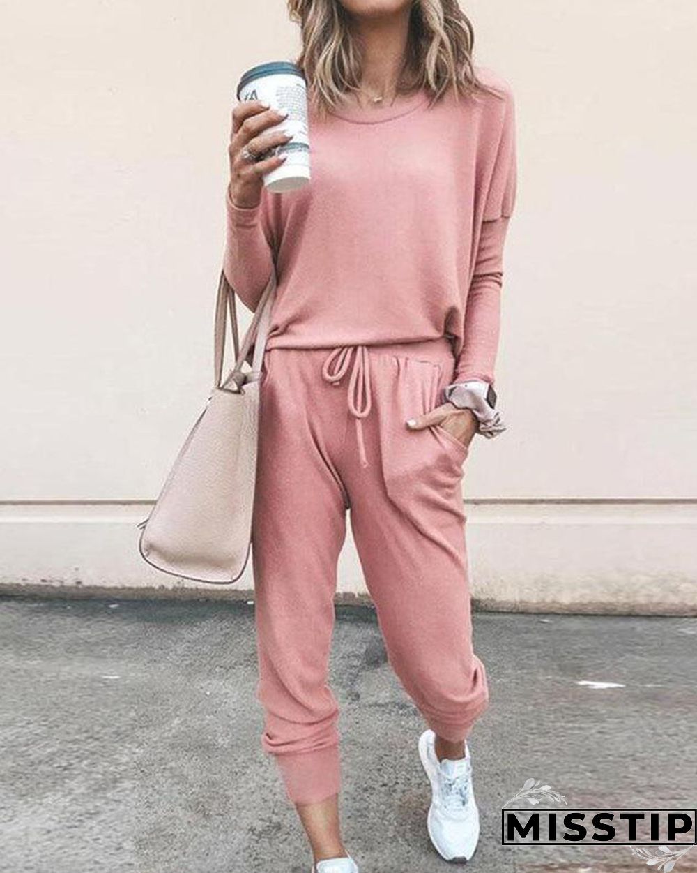 Plain Drawstring Casual Two-piece Outfits - MissTip