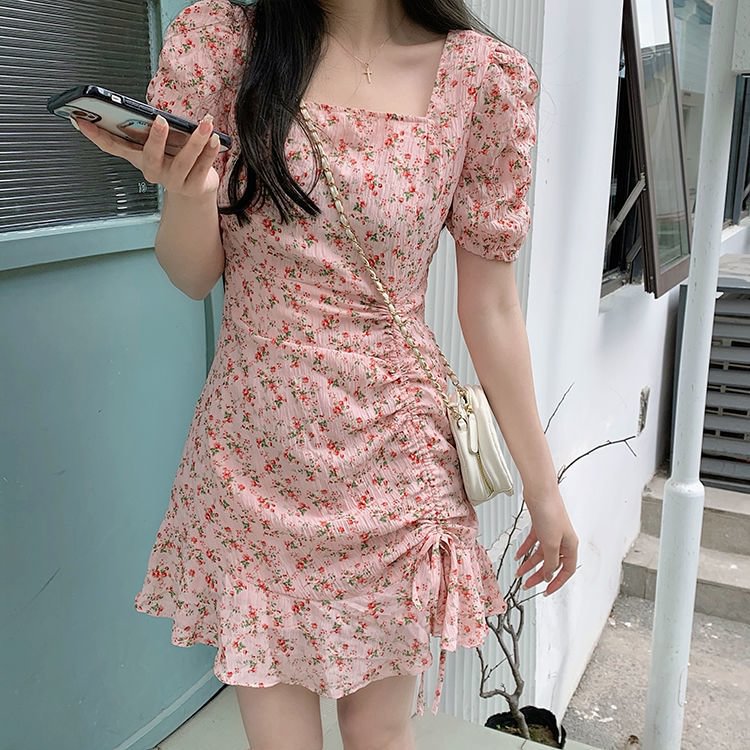 PINK FLORAL DRAWSTRING PUFF SLEEVE DRESS
