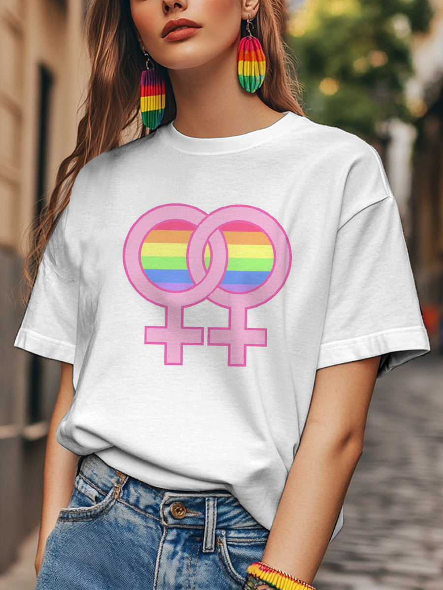 Women's Vintage Gender Cross Pink Rainbow Texture Logo LGBT Print T-Shirt