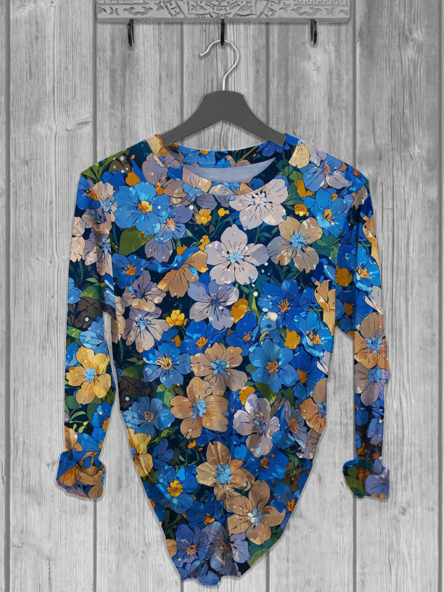 Unisex Beautiful Flowers Printed Crew Neck Casual Long T-shirt
