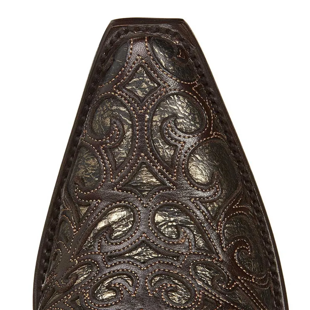 Brown Pointed Toe Cowgirl Boots with Laser Cut and Brass-Studded