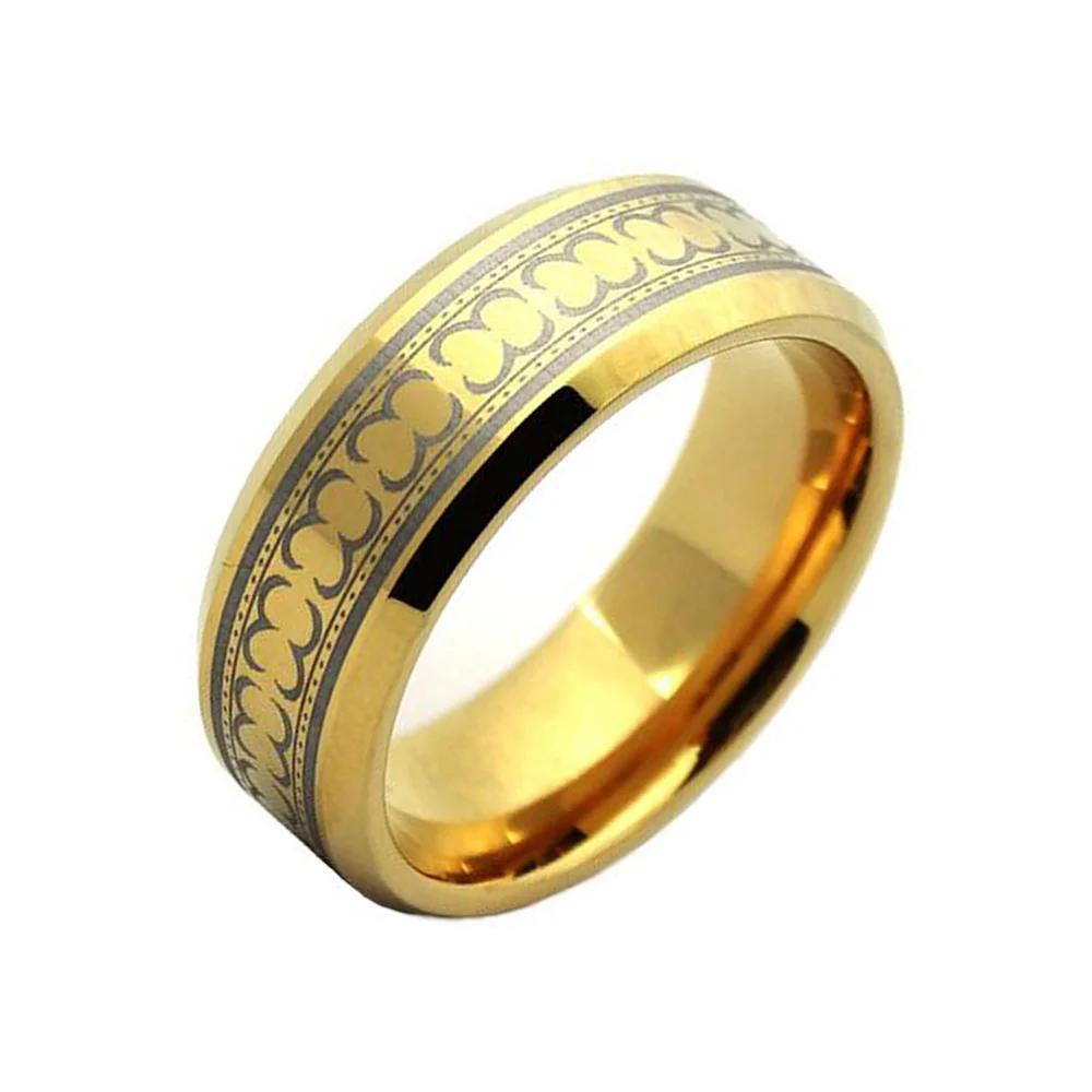 8MM Gold Plated Tungsten Carbide Rings Bevel Edge Laser Patern Men ...