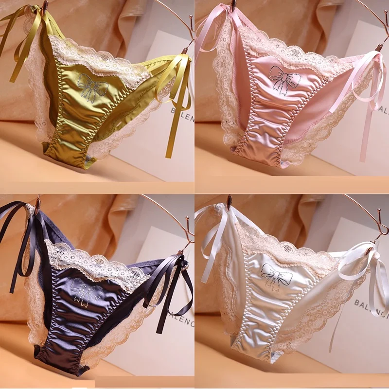 Sexy and cute lace-up hot diamond satin lace-up bow briefs