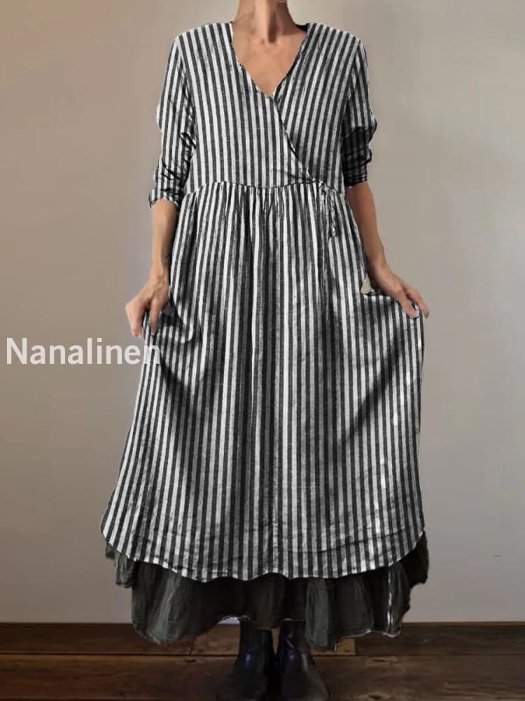 Retro Simple Fringe Print Vintage V-Neck Double Hemline Cotton Long ...