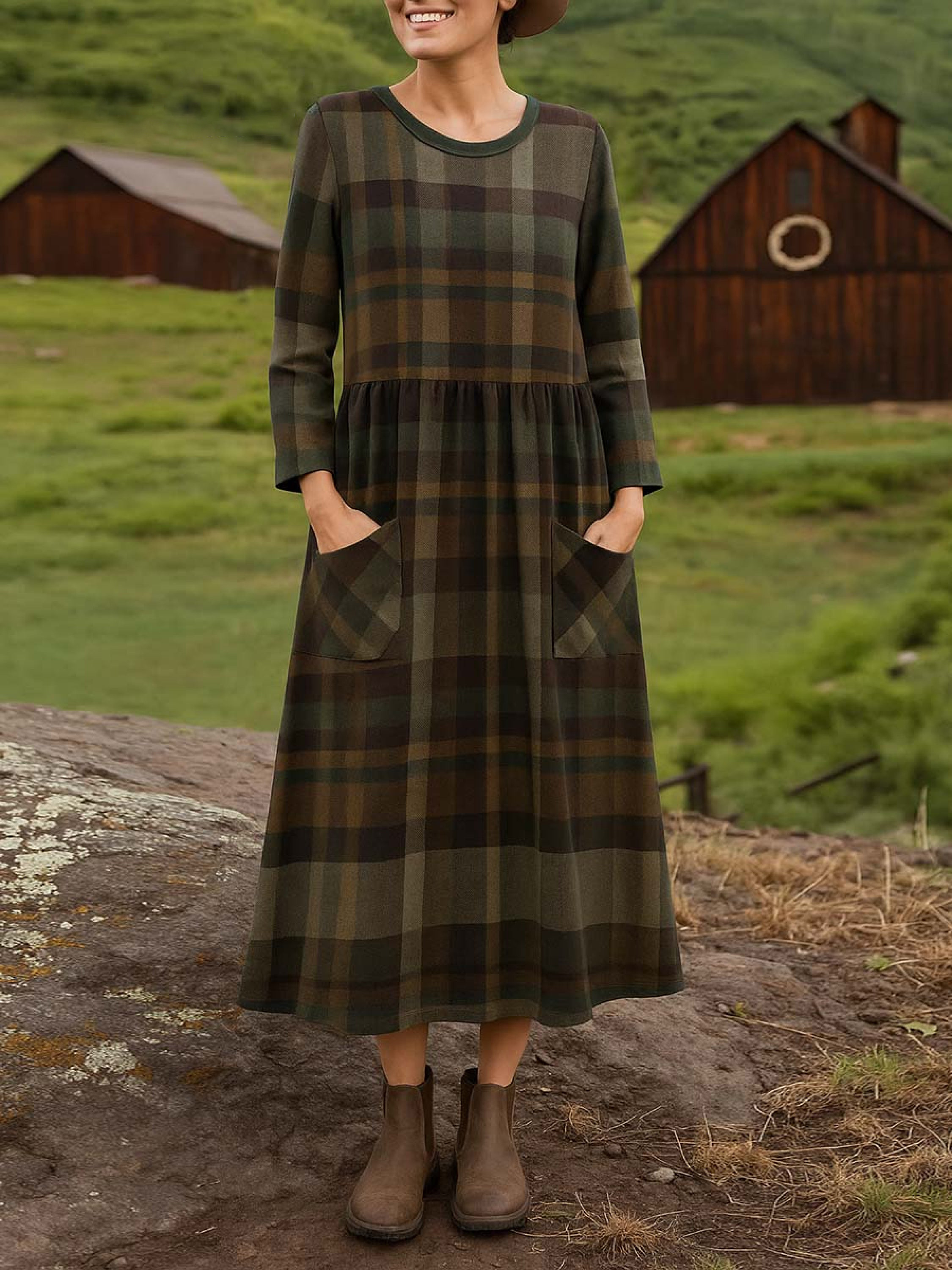 Women's Round Neck Long Sleeve Plaid Print Casual Cotton A-Line Dress