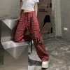 RED PLAID RIBBON WIDE LEG PANTS